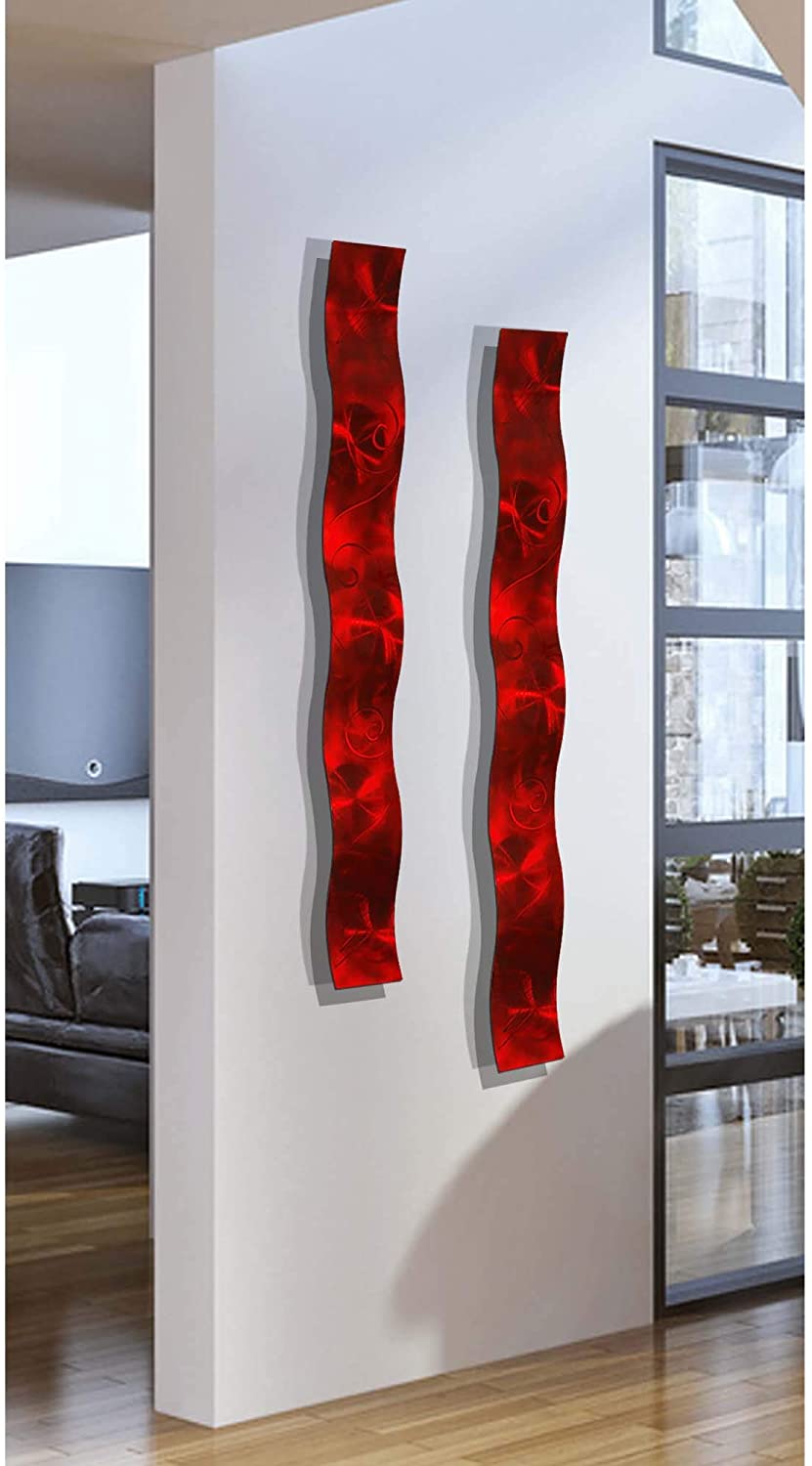 Set of Two Red 3D Abstract Metal Wall Art Sculpture Wave